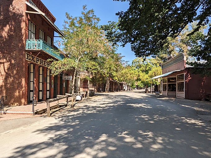 Brick buildings and wooden boardwalks create Columbia's distinctive silhouette – no CGI needed for this authentic Gold Rush streetscape.