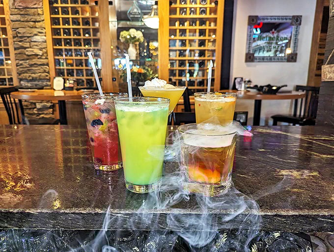 These cocktails aren't just drinks—they're liquid personality tests, with colors that pop against the sophisticated bar backdrop.