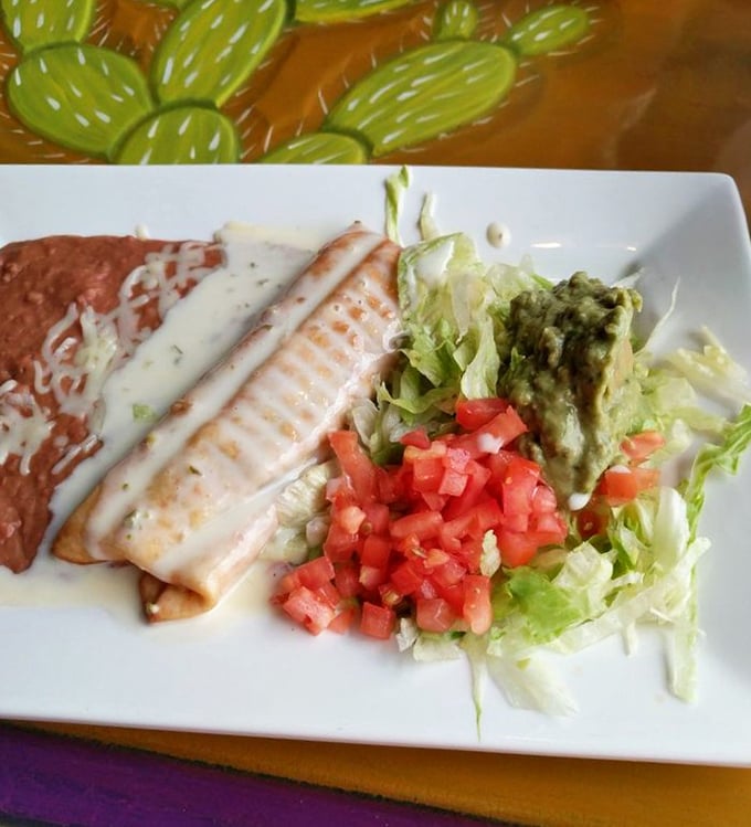 A perfect plate of enchiladas with all the fixings – the comfort food equivalent of a warm Mexican hug.
