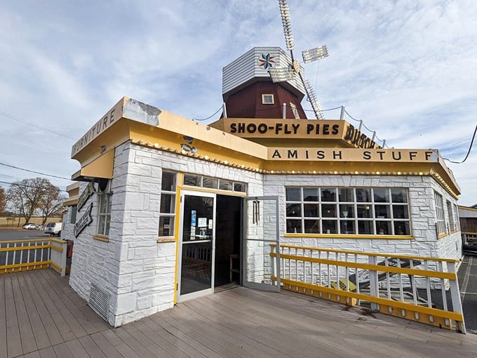 Another view of the entrance highlights the "SHOO-FLY PIES" and "AMISH STUFF" signage – no confusion about what treasures await inside.