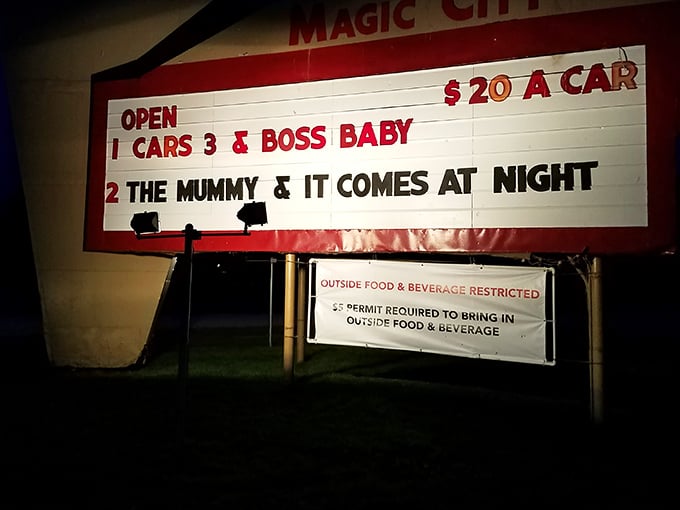 The marquee tells all – double features for one price and a gentle reminder that outside snacks require a small permit fee.