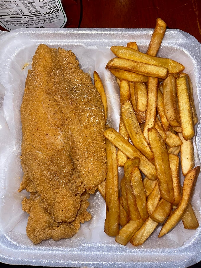 That single catfish fillet commands respect, standing tall beside its french fry army like a cornmeal-crusted general.