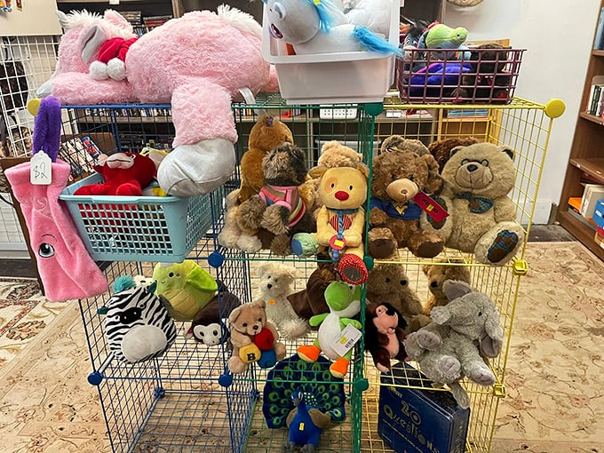 A menagerie of plush companions patiently waiting for their forever homes. That pink elephant has seen things, man.