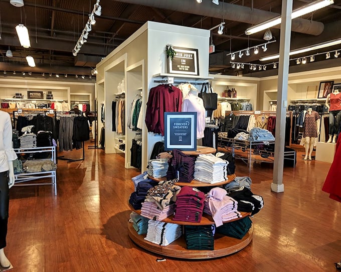 Inside Forever 21, neatly folded sweaters await their destiny—to either transform someone's wardrobe or return to their display table after a fitting room rejection.