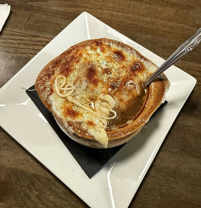 French onion soup that's achieved cheese nirvana – a bubbling, broiled masterpiece that's worth the inevitable chin dribble and slight tongue burn.