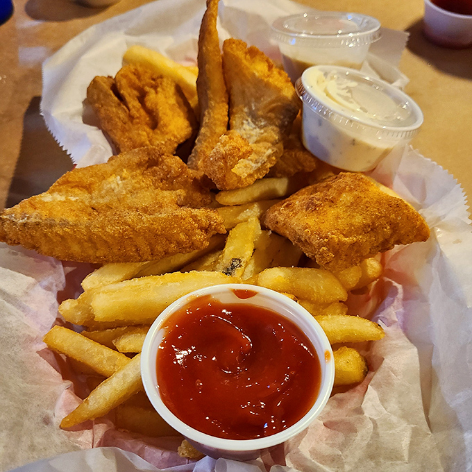 Fish and chips done right—crispy, flaky, and ready to be dunked in that little cup of heaven they call tartar sauce.