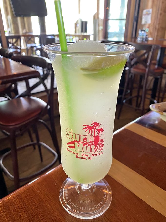 A frosty margarita that's the color of the Gulf itself – complete with a logo that reminds you exactly where your happiness came from.
