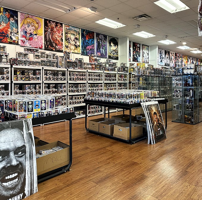 A collector's paradise where pop culture figurines stand at attention, silently judging your restraint as you try to limit yourself to "just one."