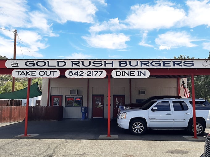 Gold Rush Burgers serves up nostalgia with a side of simplicity – where "drive-thru" means parking under the awning and "app" refers to appetizers.