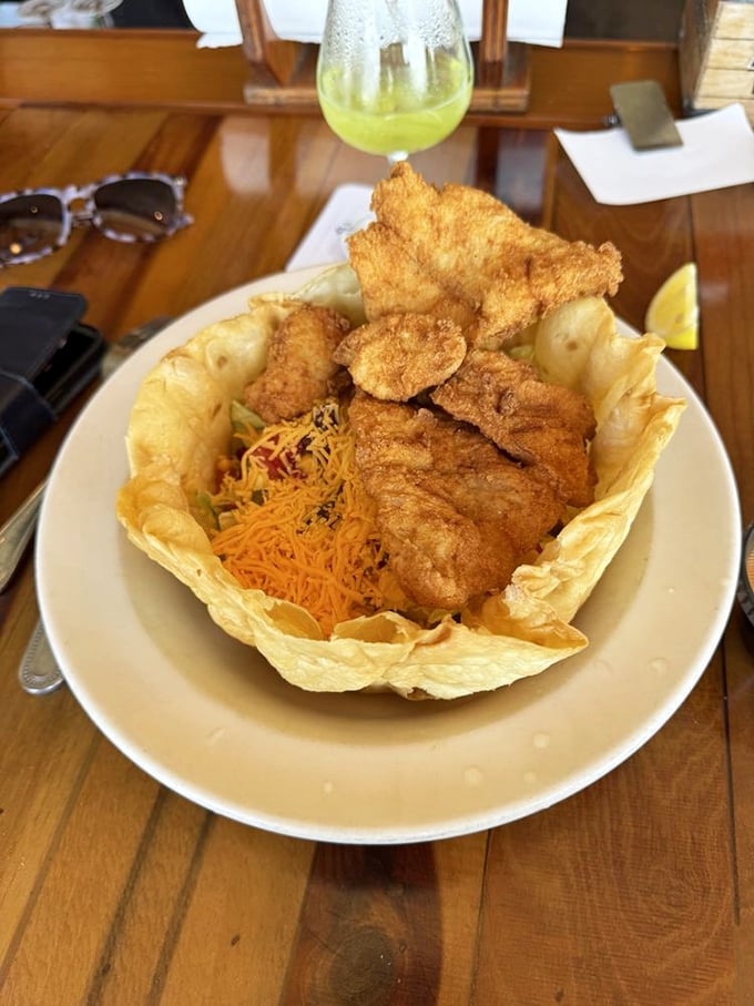 Fried seafood in an edible bowl—because sometimes the only thing better than seafood is seafood served in an artistic presentation that's also delicious.