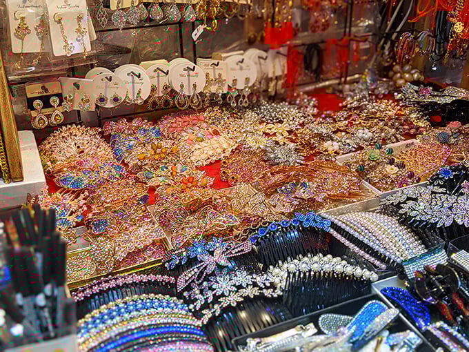 Treasure trove of sparkle! This jewelry display could blind you if the sun hit it right—more bling per square inch than a rapper's Instagram feed.