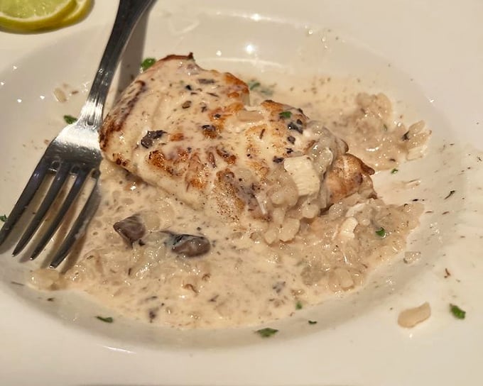 This halibut isn't just cooked—it's been elevated to art form status, resting on a bed of risotto like royalty on a throne.