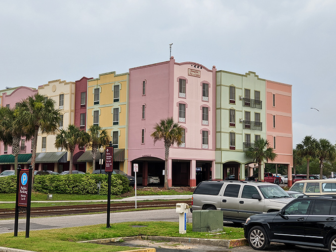 Candy-colored buildings that look like they were designed by someone who couldn't decide on a favorite flavor, creating a delightful architectural ice cream parlor.