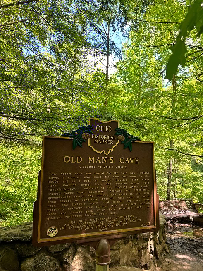 History carved in bronze—this marker reveals the "old man" behind Old Man's Cave was a hermit named Richard Rowe. Social distancing pioneer!