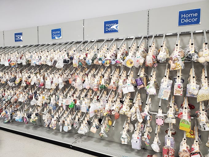 Wall-to-wall bagged treasures in the home décor section. One person's discarded knickknack is another's perfect shelf accent waiting to happen.