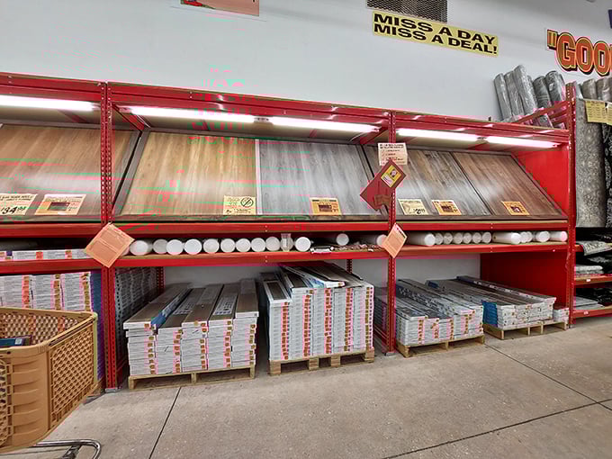 Flooring samples spread like a rainbow of home improvement possibilities, each plank whispering renovation dreams affordably.
