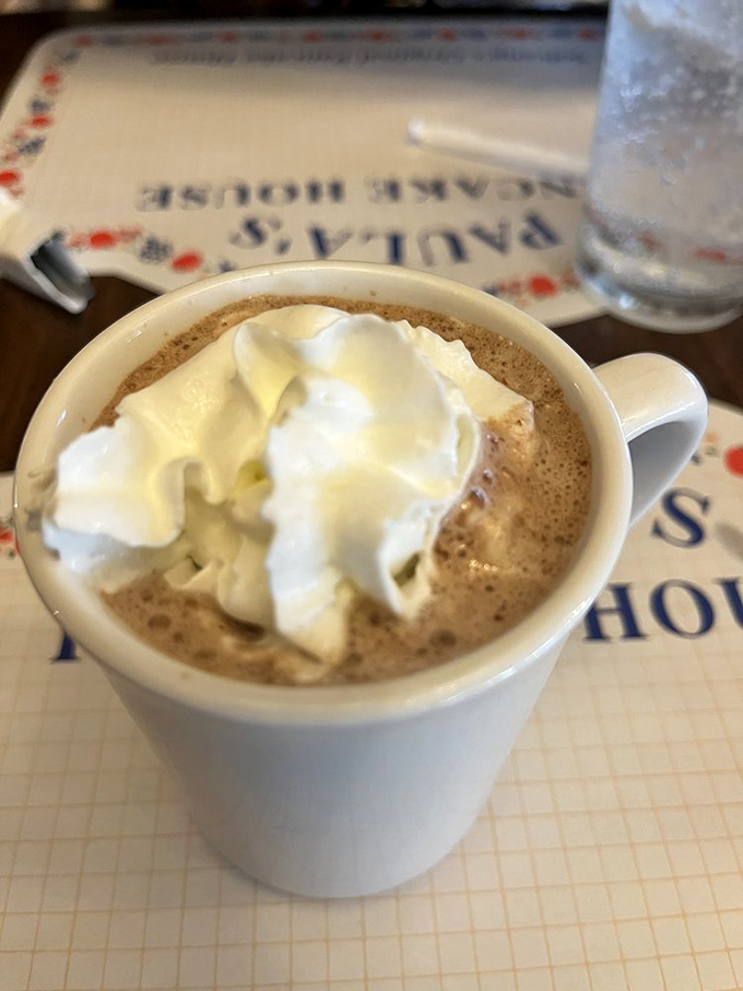 Hot chocolate elevated to an art form with a cloud of whipped cream slowly melting into rich cocoa. Winter comfort in a mug, even on a 70-degree California day.