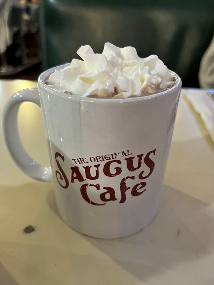 Hot cocoa topped with whipped cream in a branded mug – because some comforts transcend seasons and age limits.