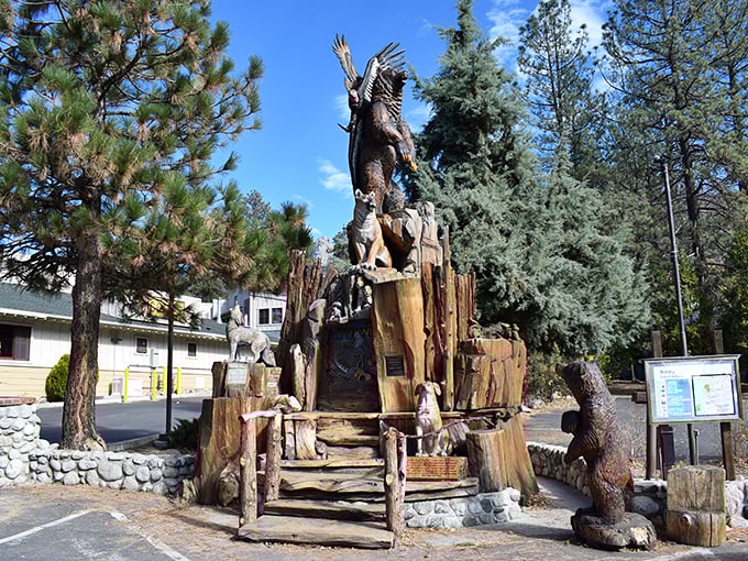This whimsical wooden monument celebrates Idyllwild's wild spirit – part folk art, part town mascot, and entirely the kind of quirky landmark that makes small towns memorable.