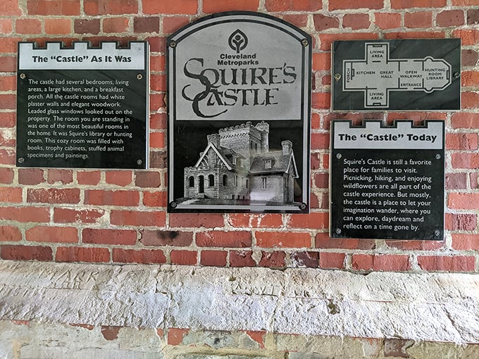 The castle's story unfolds on these informative plaques, revealing how this "gatehouse" became the main attraction when grander plans fell through.