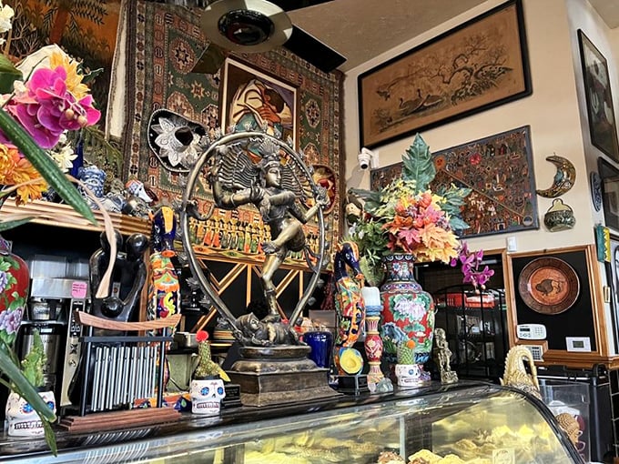 Every corner reveals another treasure—statues, tapestries, and artifacts create a museum-like quality that somehow still feels like someone's eclectic living room.