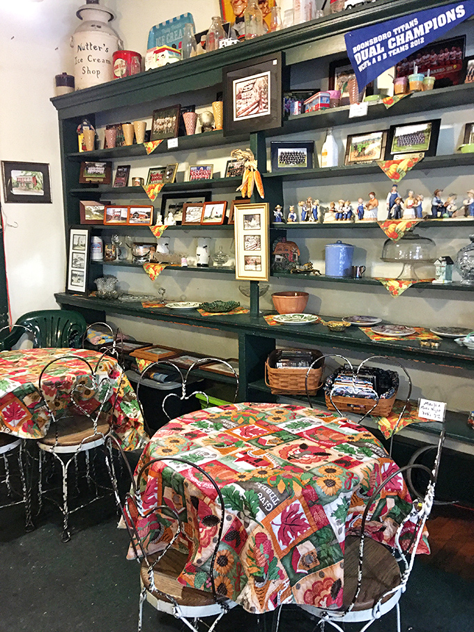 The shelves aren't just decorated—they're curated with decades of memories, each trinket a chapter in Nutter's delicious history.
