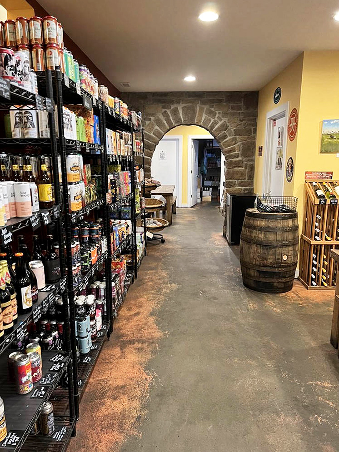 Beyond the beverages lies a stone archway leading to more culinary adventures—like finding a secret passage to flavor country.