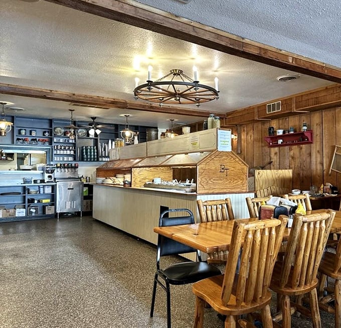 The dining room feels like grandma's kitchen after she won the lottery but decided to keep everything exactly the same—because perfection needs no upgrade.