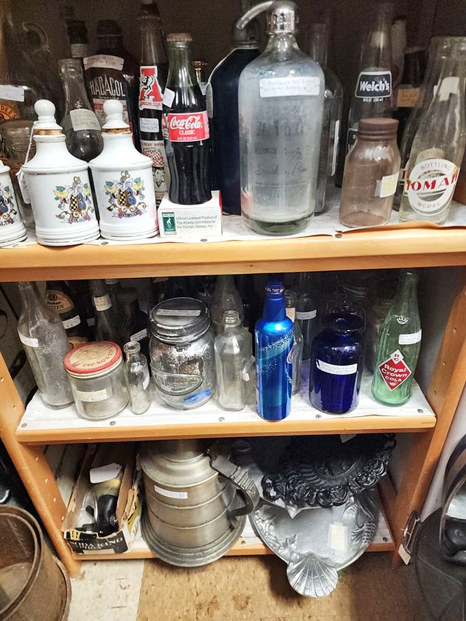 Vintage bottles that once held everything from medicine to soda – each with stories of what daily life looked like before plastic took over.