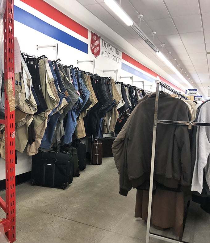 The men's department – where khakis and jeans stand at attention like an affordable army ready to march into your wardrobe.