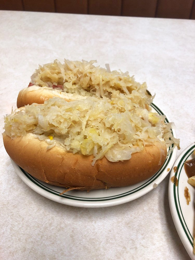 Sauerkraut so generous it's practically a vegetable serving. These dogs aren't just topped—they're completely committed to the kraut lifestyle.