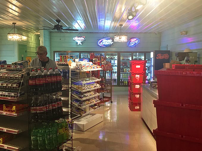 Inside this country store, neon beer signs illuminate shelves of essentials – proof that convenience doesn't require corporate branding.