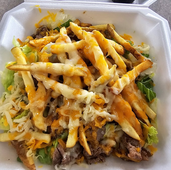 These loaded fries aren't just a side dish—they're a main event. A beautiful mess of cheese, meat, and veggies that demands to be shared but rarely is.