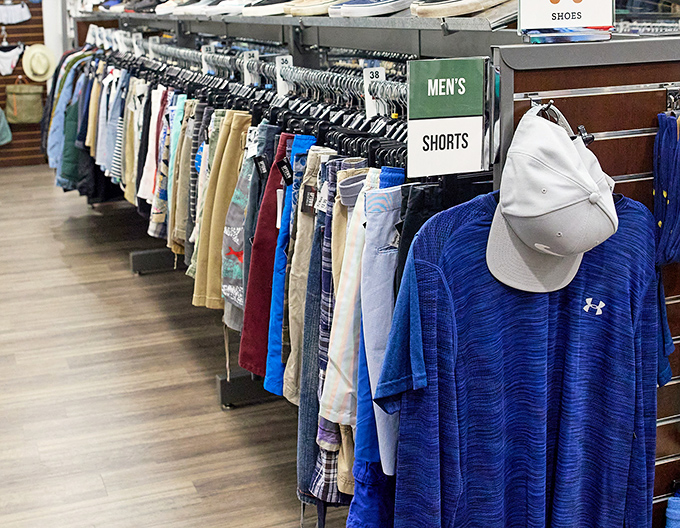 The men's shorts section spans every color of the rainbow and then some. Under Armour blue stands ready for your next weekend adventure.