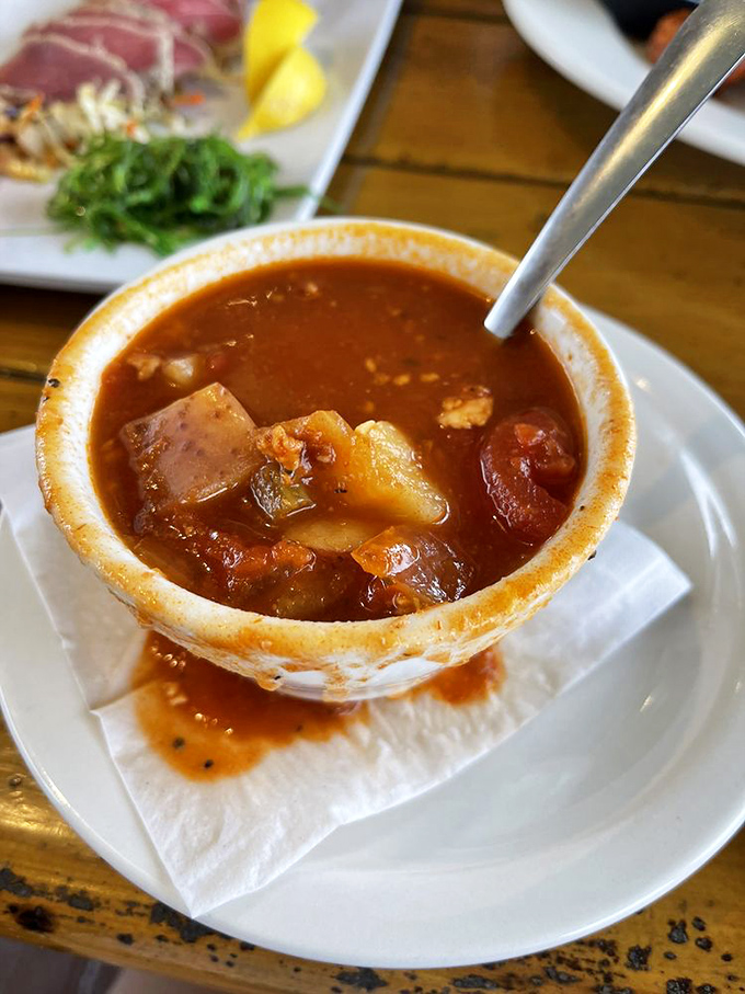 The award-winning Minorcan chowder arrives steaming hot, loaded with potatoes and spice – Florida's answer to New England's claim on soup superiority.