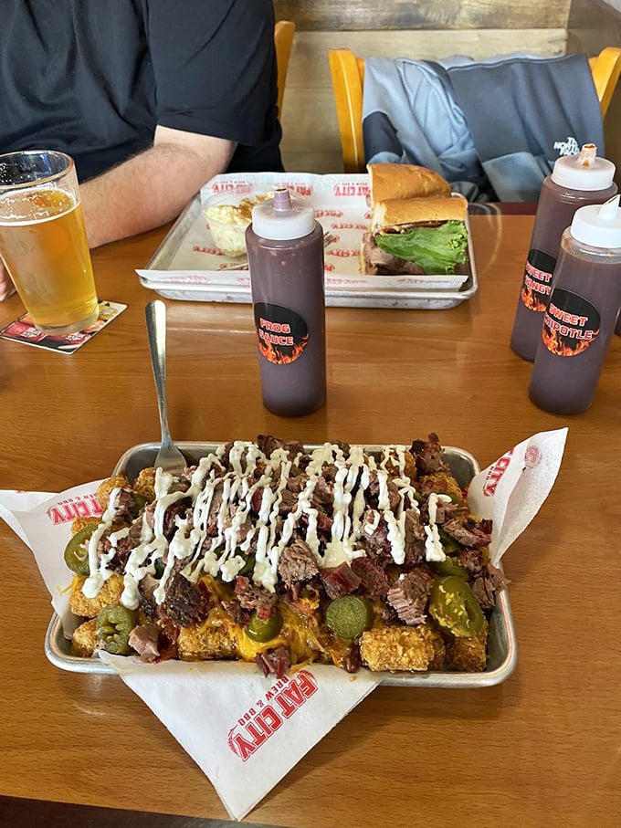 Loaded nachos that require a game plan to tackle. This mountain of toppings, cheese, and brisket makes sharing both necessary and deeply regrettable.