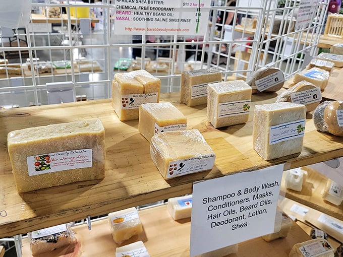 Handcrafted soaps lined up like edible treats – proof that getting clean doesn't have to smell like your grandfather's medicine cabinet.