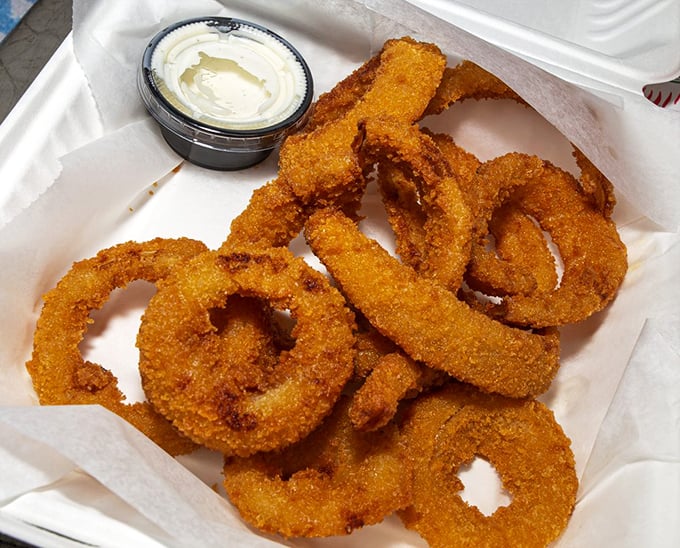 Onion rings with a crunch that announces itself to the entire restaurant. Worth every awkward "yes, I'm enjoying this" nod to nearby tables.