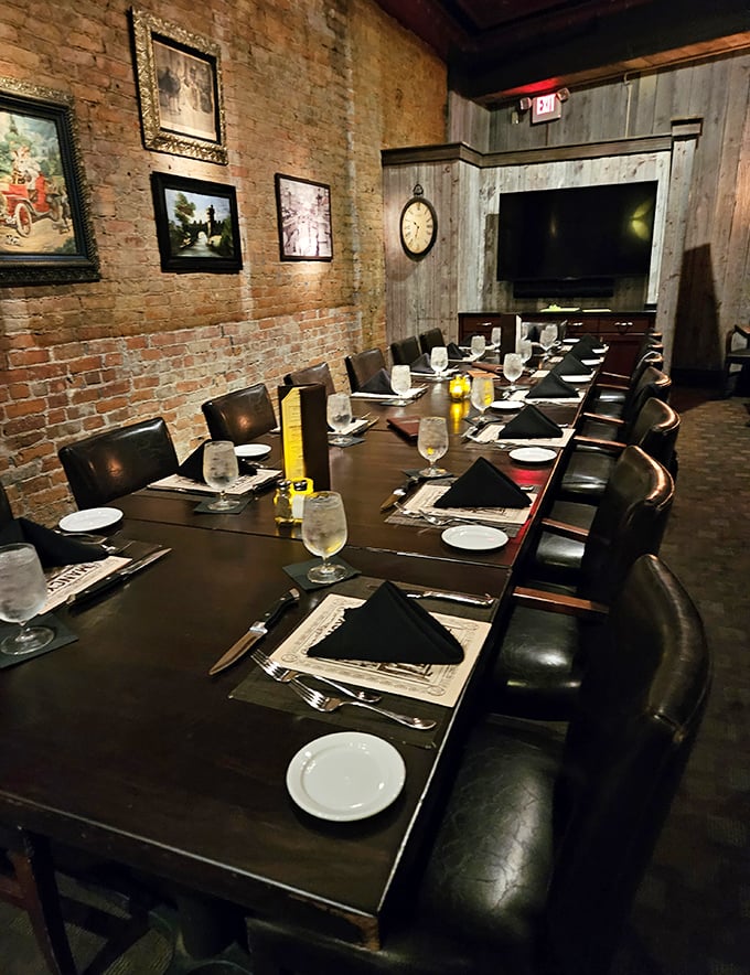 Private dining where exposed brick meets polished wood – because some conversations and celebrations deserve their own dedicated square footage.