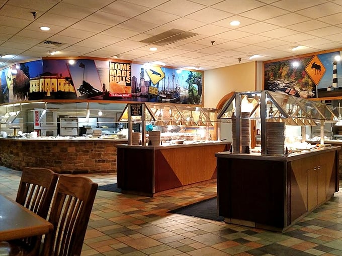 The buffet stations stand ready like exhibits in a delicious museum of American culinary history.
