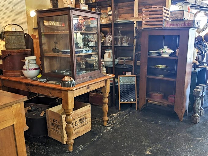 Wooden cabinets and glass display cases—the perfect frames for treasures that have survived decades of spring cleanings and moving days.