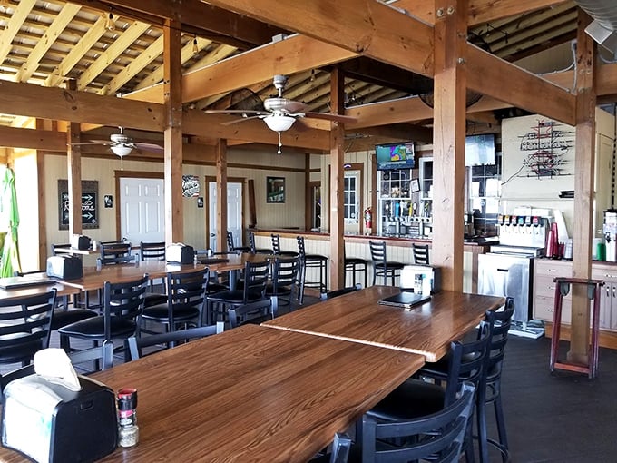 High ceilings, wooden beams, and plenty of seating—The Shack's spacious interior manages to feel both airy and intimately coastal at once.