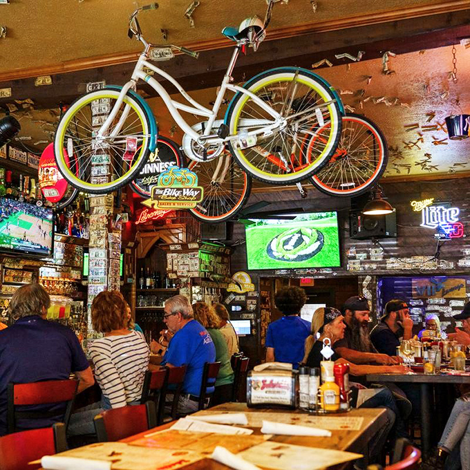 The bar area feels like a quirky museum where bicycles hang from ceilings and cold beer flows freely—a perfect Americana tableau.