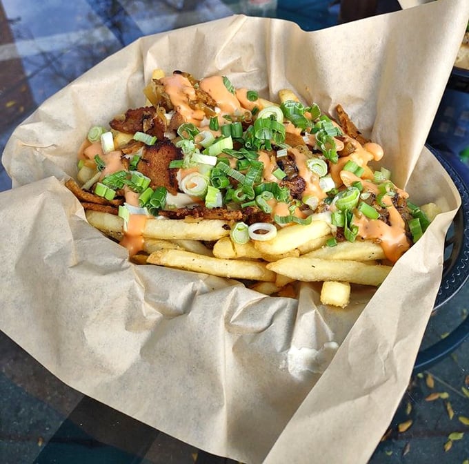 The Owl Fries aren't just topped—they're adorned, bejeweled, and celebrated with green onions and a sauce that should probably have its own fan club.