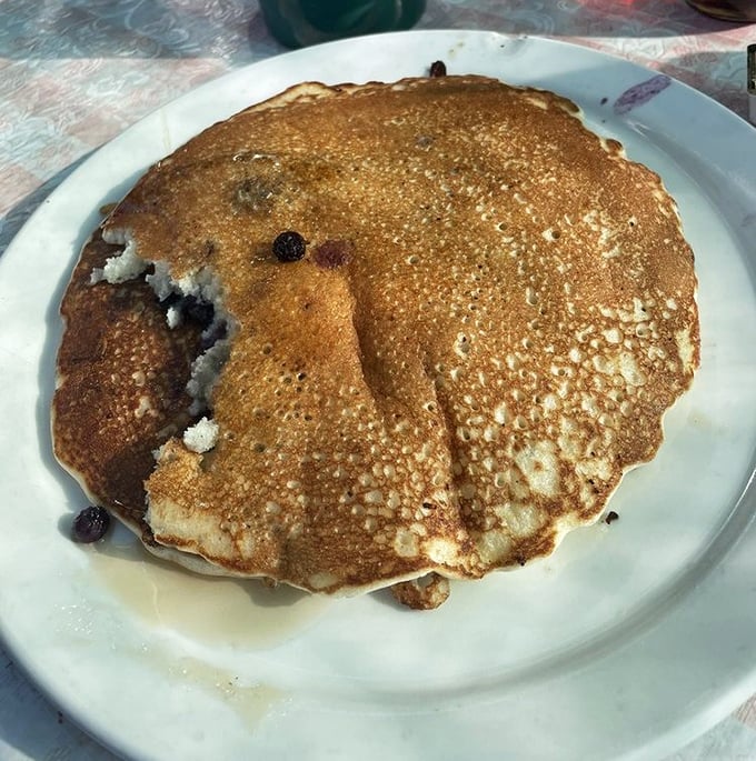A blueberry pancake that's achieved that golden-brown perfection – the crispy edges giving way to a fluffy interior studded with bursts of fruit.