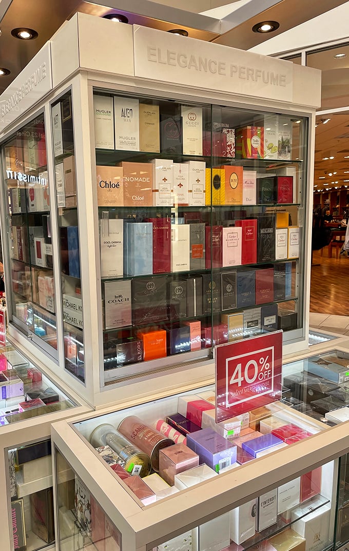 Perfume displays that transform this corner of the mall into an invisible cloud of competing scents. Choose your olfactory adventure!