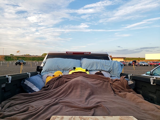 The pickup truck bed transformed into the world's coziest living room—complete with pillows, blankets, and the best ceiling any movie theater could offer.