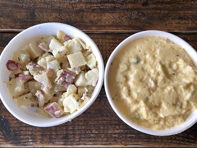 Potato salad and jalapeño cheddar grits – the supporting actors who sometimes steal the show. Creamy, comforting side dishes that refuse to be overshadowed.