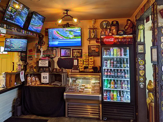 The beverage station and memorabilia wall tell stories of community connections—this place feeds both body and hometown pride.