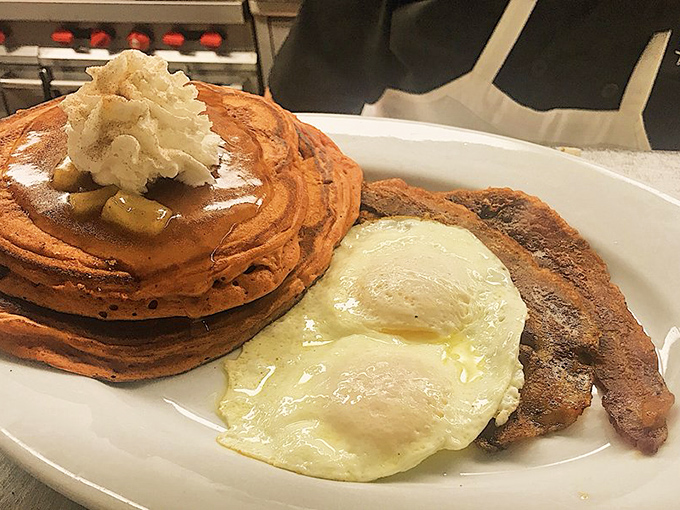 Pumpkin pancakes that taste like autumn had a beautiful baby with breakfast, accompanied by the crispiest bacon this side of the Alleghenies.